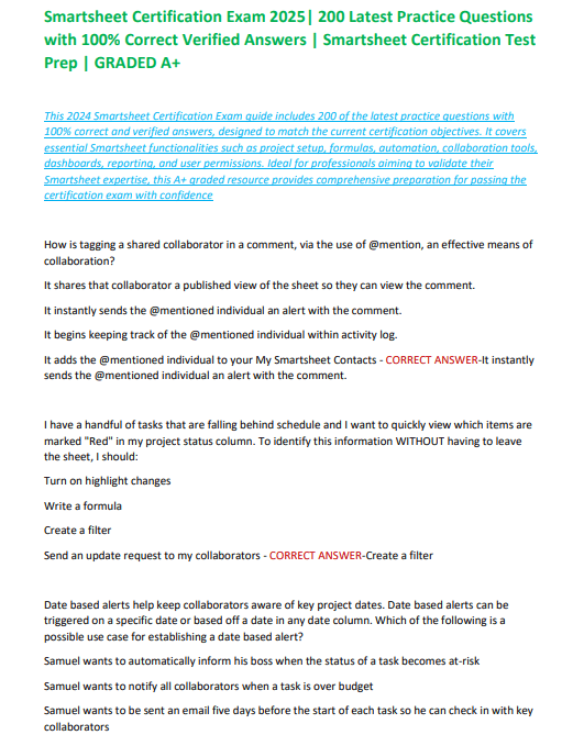 Smartsheet Certification Exam 2025| 200 Latest Practice Questions with ...