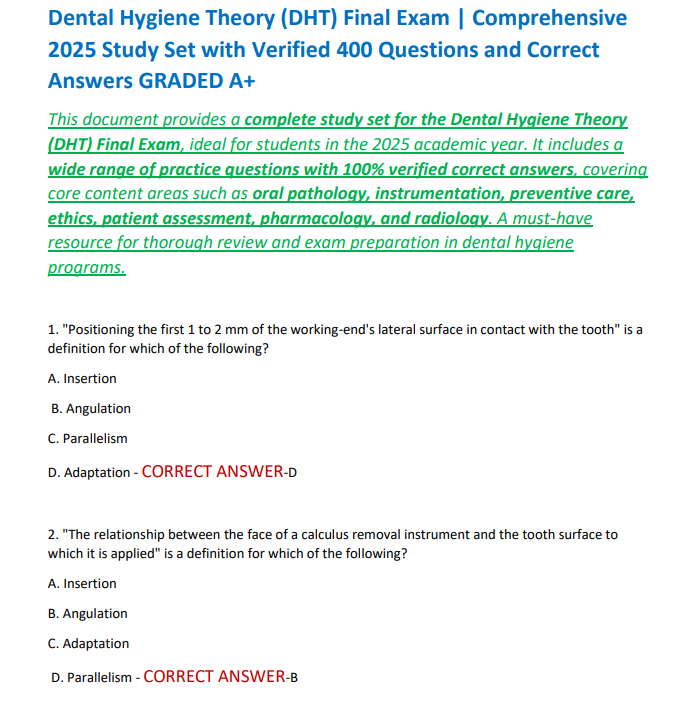 Dental Hygiene Theory (DHT) Final Exam | Comprehensive 2025 Study Set ...