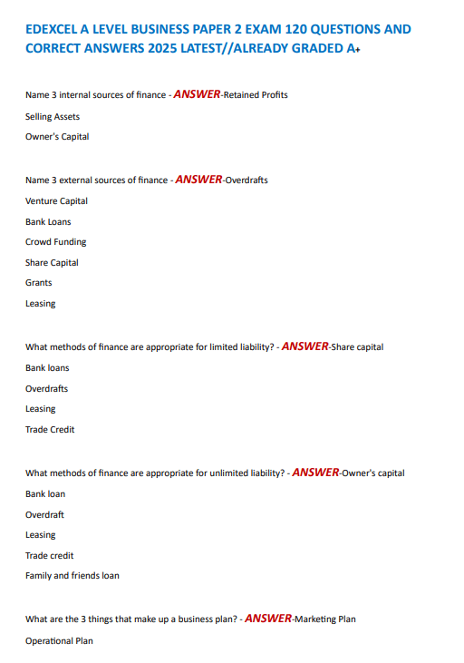 EDEXCEL A LEVEL BUSINESS PAPER 2 EXAM 120 QUESTIONS AND CORRECT ANSWERS ...