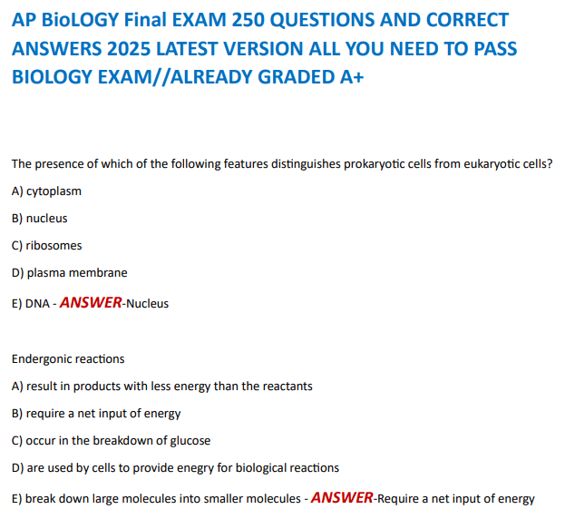 AP BioLOGY Final EXAM 250 QUESTIONS AND CORRECT ANSWERS 2025 LATEST ...