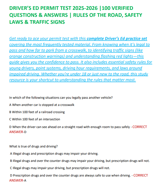 DRIVER’S ED PERMIT TEST 2025-2026 |100 VERIFIED QUESTIONS & ANSWERS ...