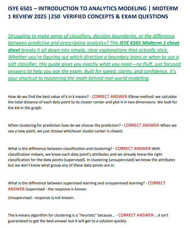 ISYE 6501 – INTRODUCTION TO ANALYTICS MODELING | MIDTERM 1 REVIEW 2025 |250 VERIFIED CONCEPTS ...