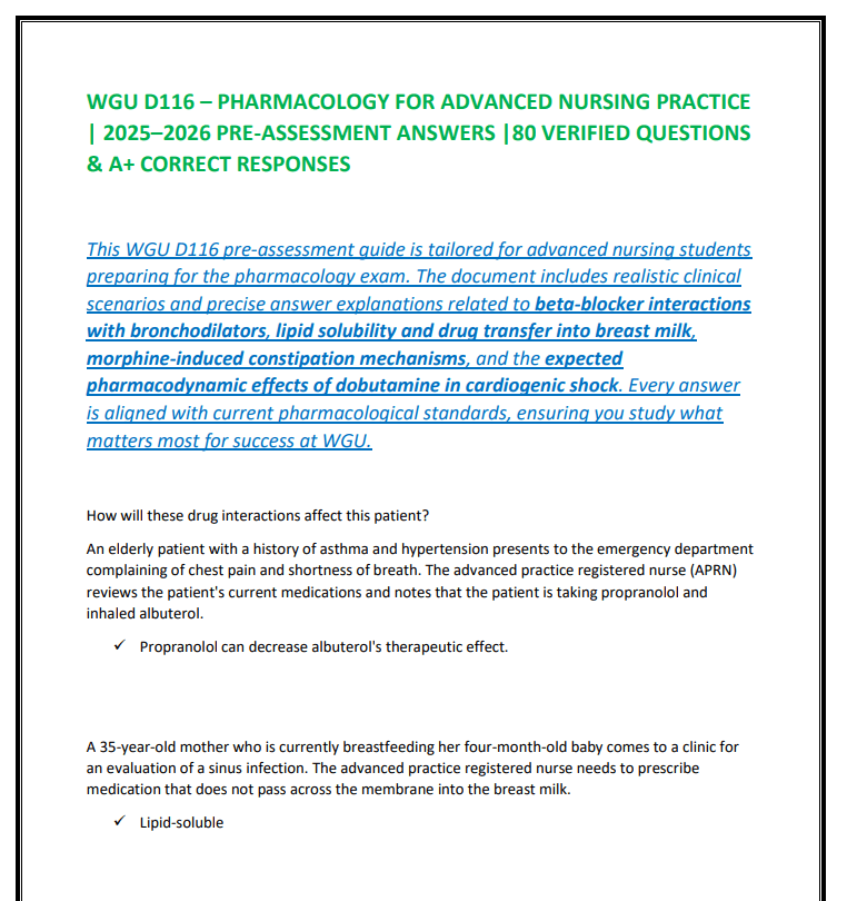 WGU D116 – PHARMACOLOGY FOR ADVANCED NURSING PRACTICE | 2025–2026 PRE ...