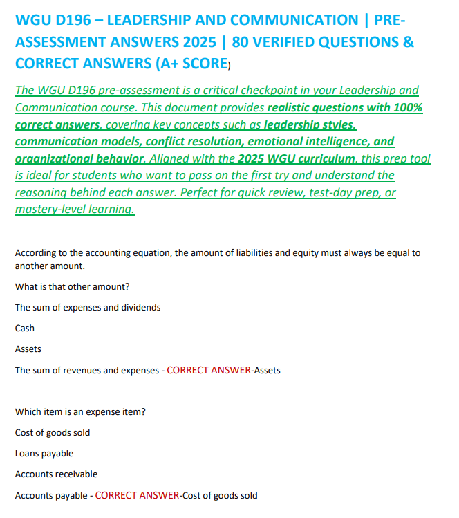 WGU D196 – LEADERSHIP AND COMMUNICATION | PRE-ASSESSMENT ANSWERS 2025 ...