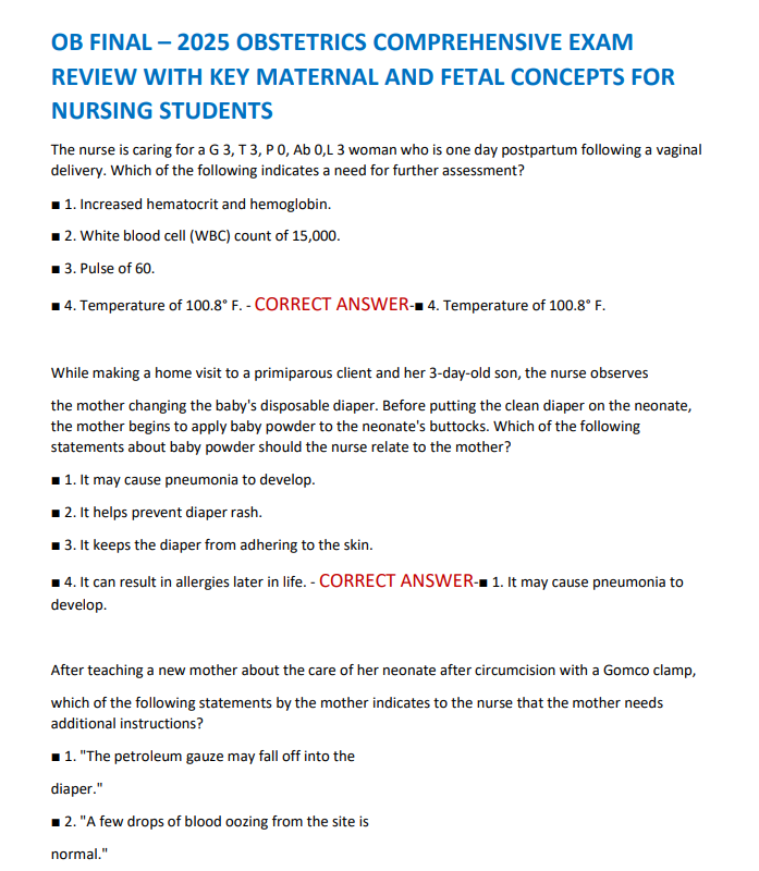 OB FINAL – 2025 OBSTETRICS COMPREHENSIVE EXAM REVIEW WITH KEY MATERNAL ...