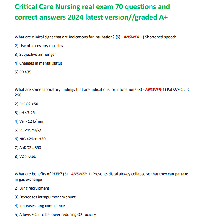 Critical Care Nursing real exam 70 questions and correct answers 2024 ...