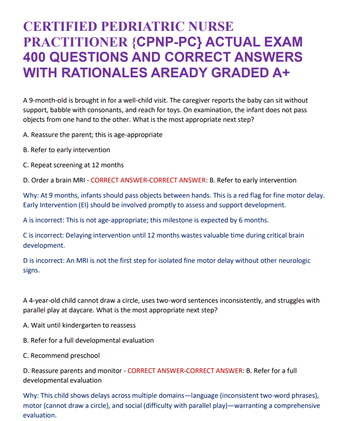 CERTIFIED PEDRIATRIC NURSE PRACTITIONER {CPNP-PC} ACTUAL EXAM 400 ...