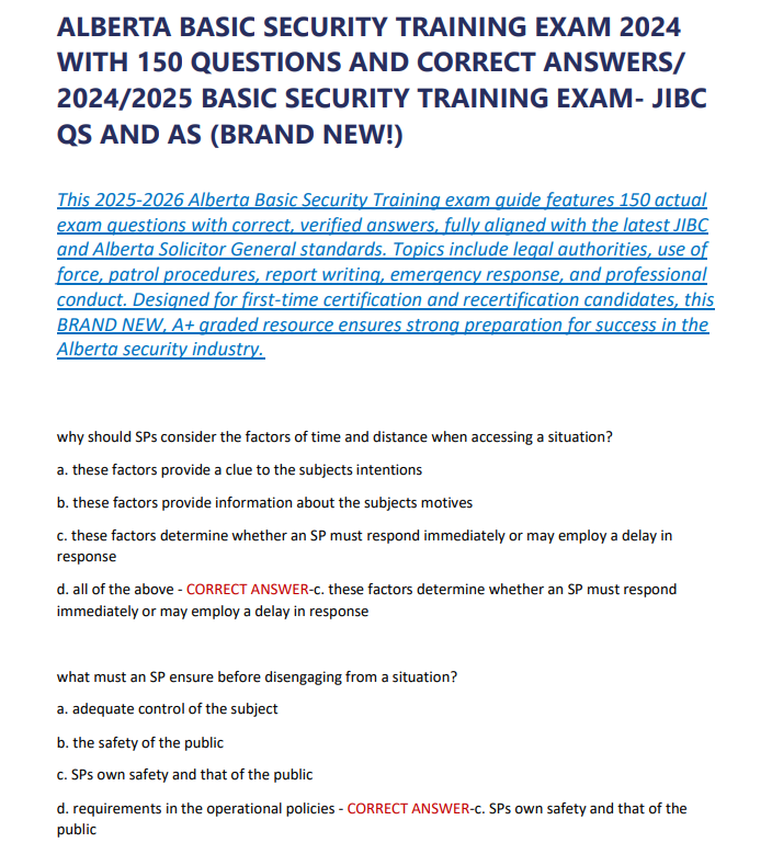 ALBERTA BASIC SECURITY TRAINING EXAM 2024 WITH 150 QUESTIONS AND ...