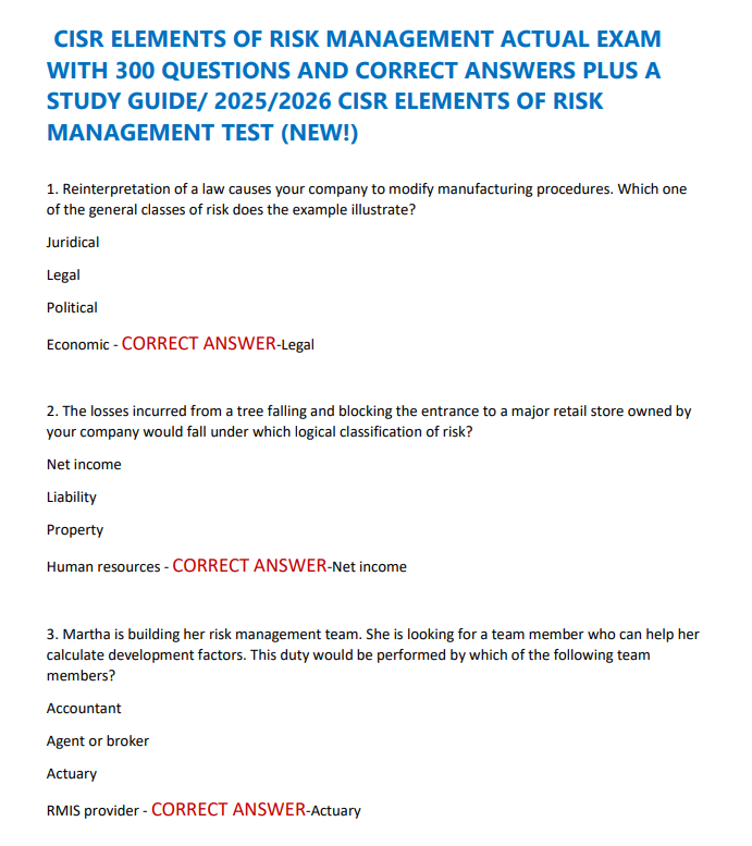 CISR ELEMENTS OF RISK MANAGEMENT ACTUAL EXAM WITH 300 QUESTIONS AND ...