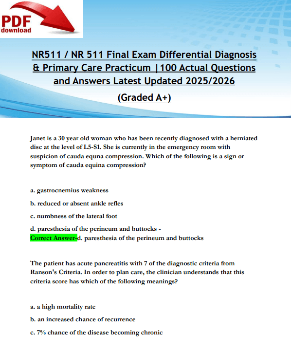 NR511 / NR 511 Final Exam Differential Diagnosis & Primary Care ...