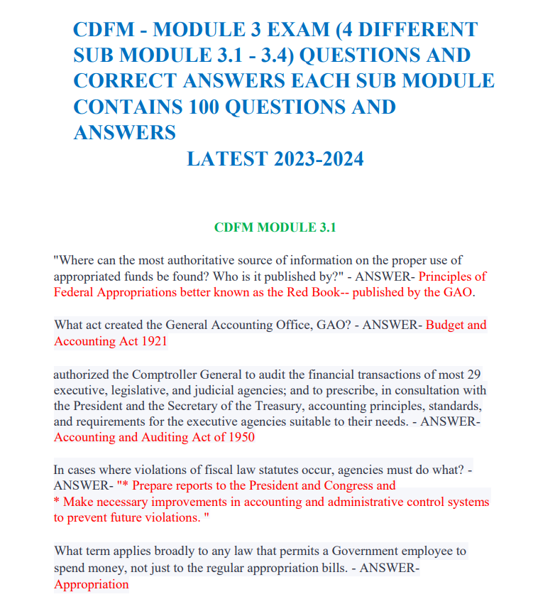 CDFM - MODULE 3 EXAM (4 DIFFERENT SUB MODULE 3.1 - 3.4) QUESTIONS AND ...