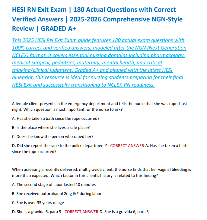 HESI RN Exit Exam | 180 Actual Questions with Correct Verified Answers ...