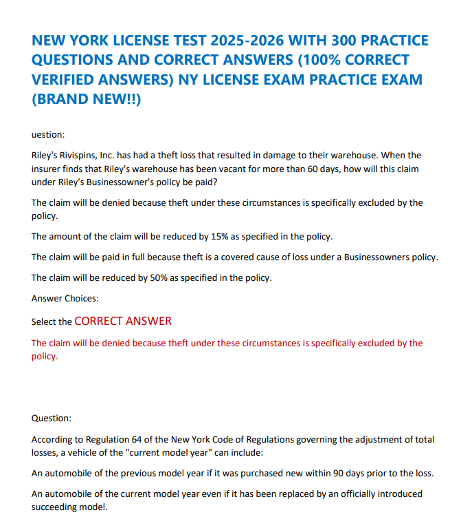 NEW YORK LICENSE TEST 2025-2026 WITH 300 PRACTICE QUESTIONS AND CORRECT ...