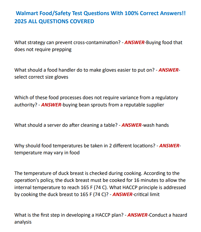 Walmart Food/Safety Test Questions With 100% Correct Answers!! 2025 ALL ...