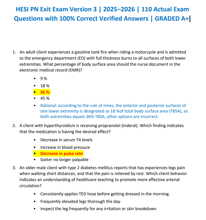 HESI PN Exit Exam Version 3 | 2025–2026 | 110 Actual Exam Questions ...