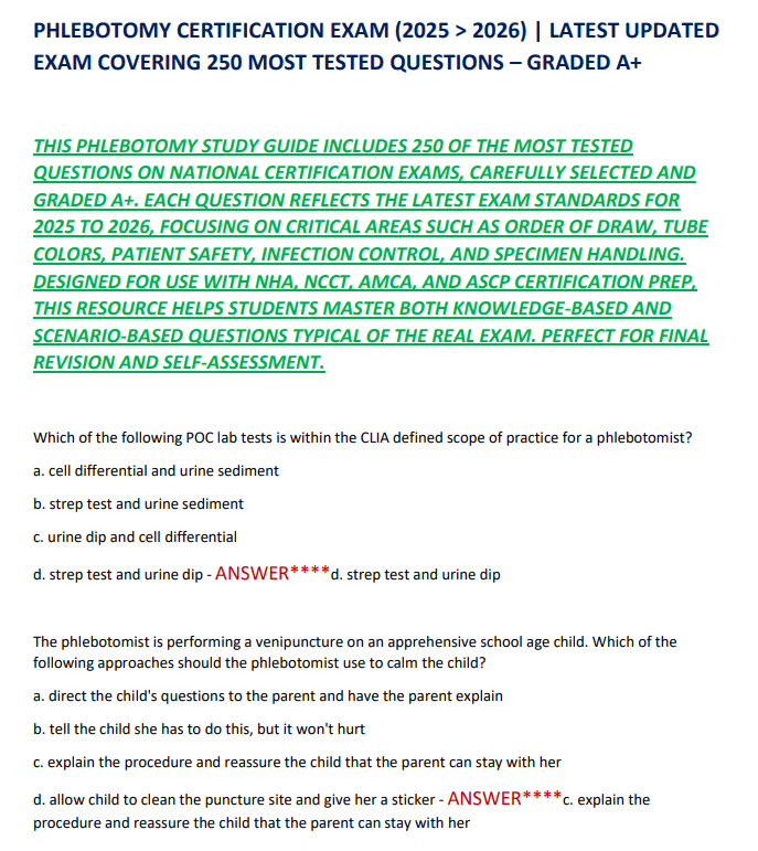 PHLEBOTOMY CERTIFICATION EXAM (2025 > 2026) | LATEST UPDATED EXAM ...