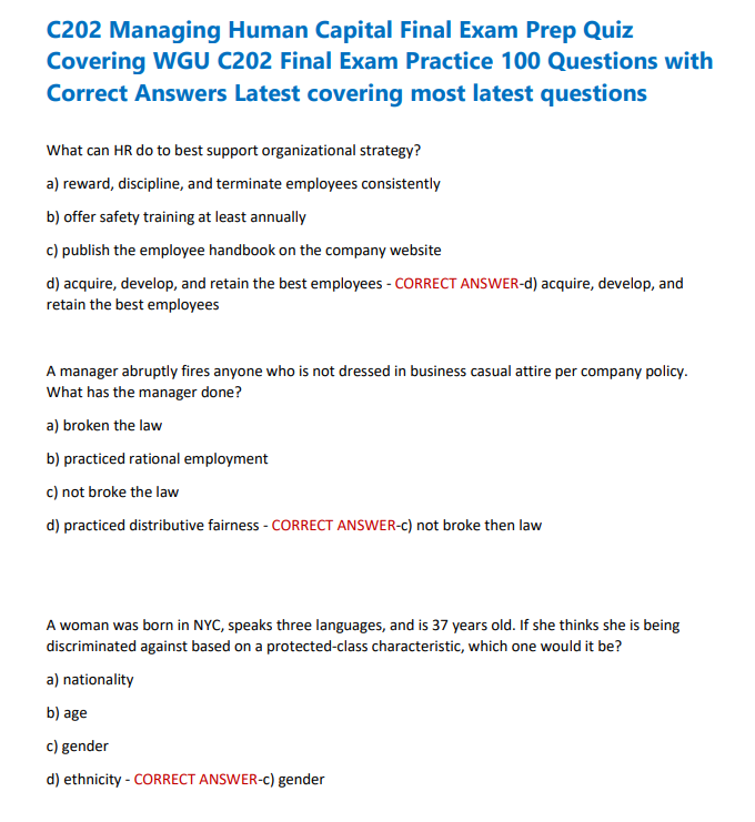 C202 Managing Human Capital Final Exam Prep Quiz Covering WGU C202 ...