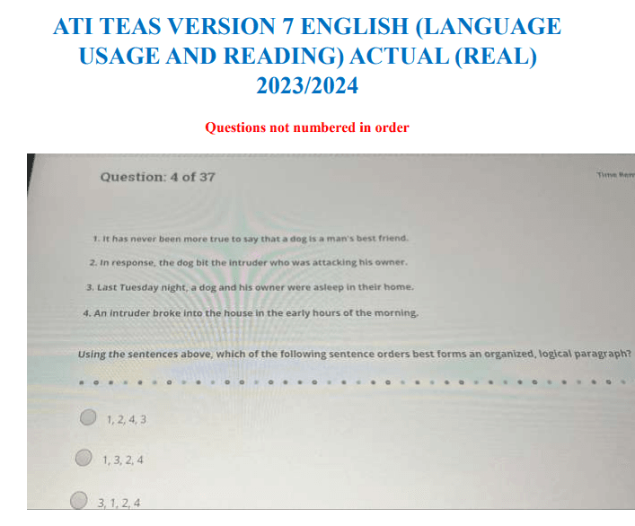 ATI TEAS VERSION 7 ENGLISH (LANGUAGE USAGE AND READING) ACTUAL (REAL ...