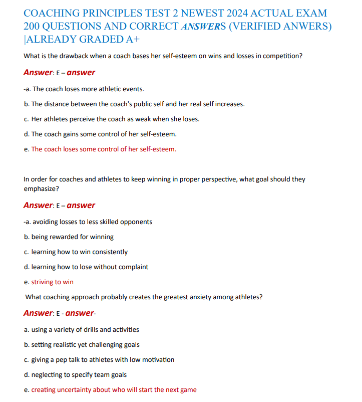 COACHING PRINCIPLES TEST 2 NEWEST 2024 ACTUAL EXAM 200 QUESTIONS AND ...