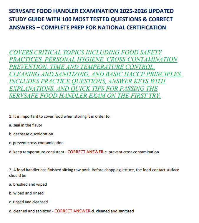 SERVSAFE FOOD HANDLER EXAMINATION 2025-2026 UPDATED STUDY GUIDE WITH ...