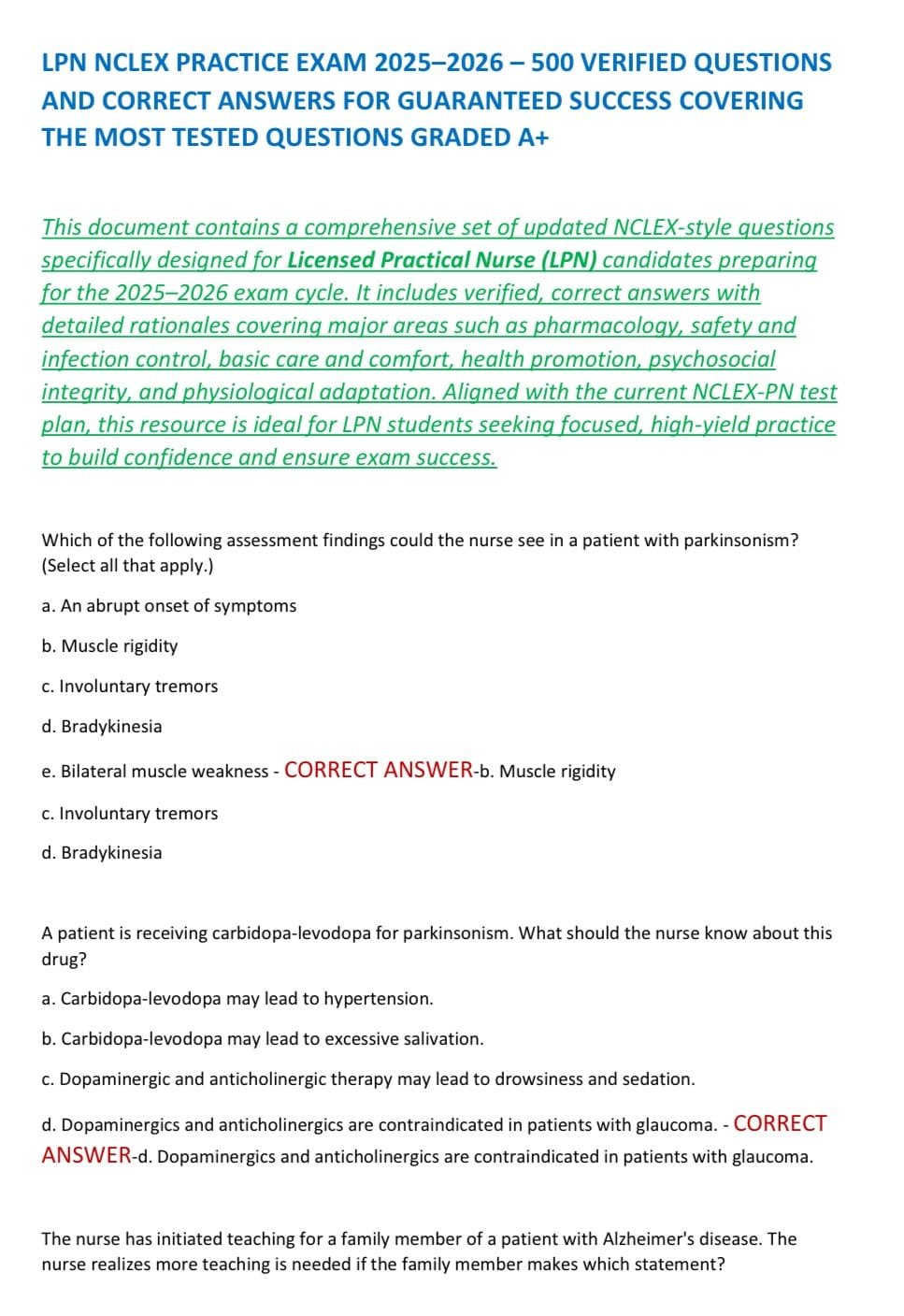 LPN NCLEX PRACTICE EXAM 2025–2026 – 500 VERIFIED QUESTIONS AND CORRECT ...