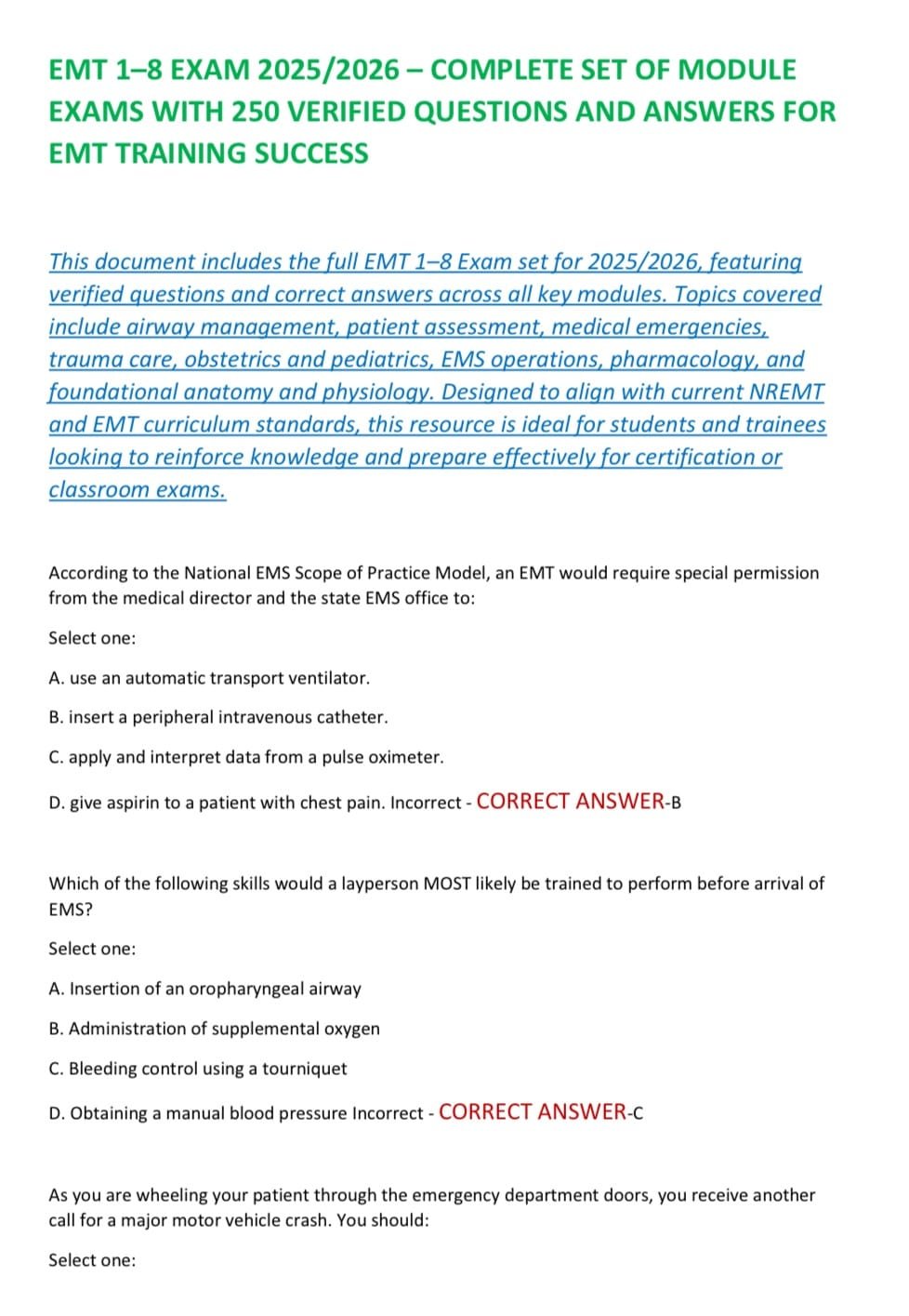 EMT 1–8 EXAM 2025/2026 – COMPLETE SET OF MODULE EXAMS WITH 250 VERIFIED ...