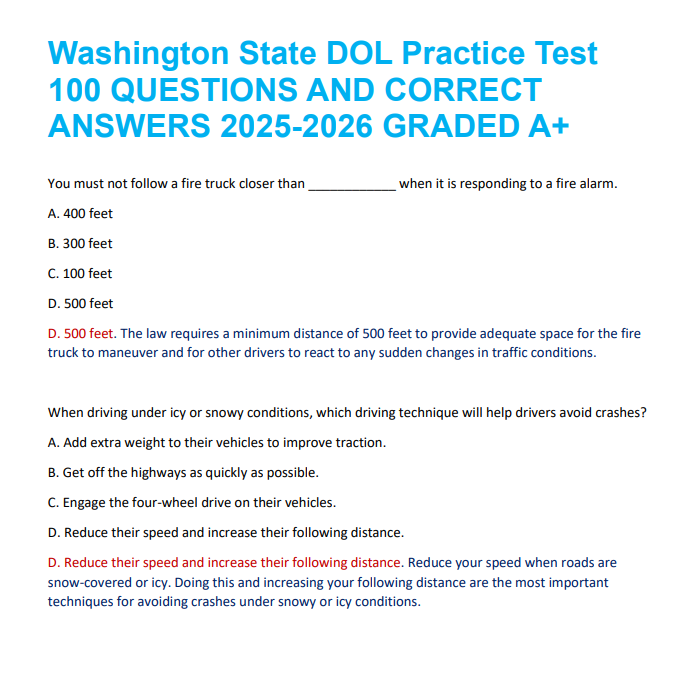 Washington State DOL Practice Test 100 QUESTIONS AND CORRECT ANSWERS ...