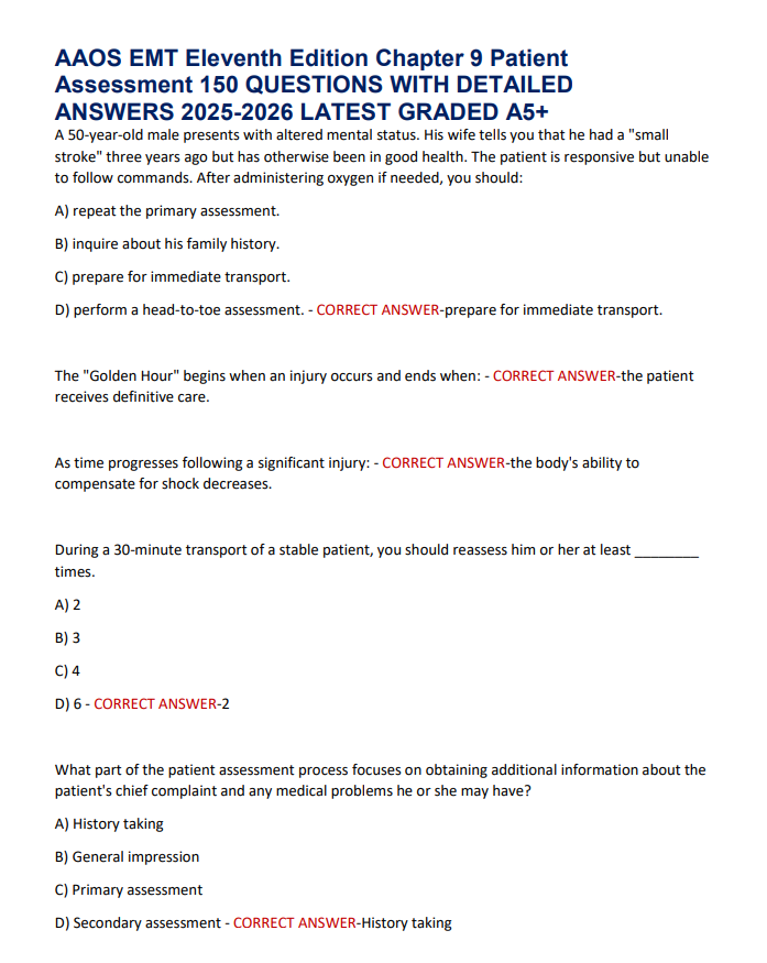 AAOS EMT Eleventh Edition Chapter 9 Patient Assessment 150 QUESTIONS ...