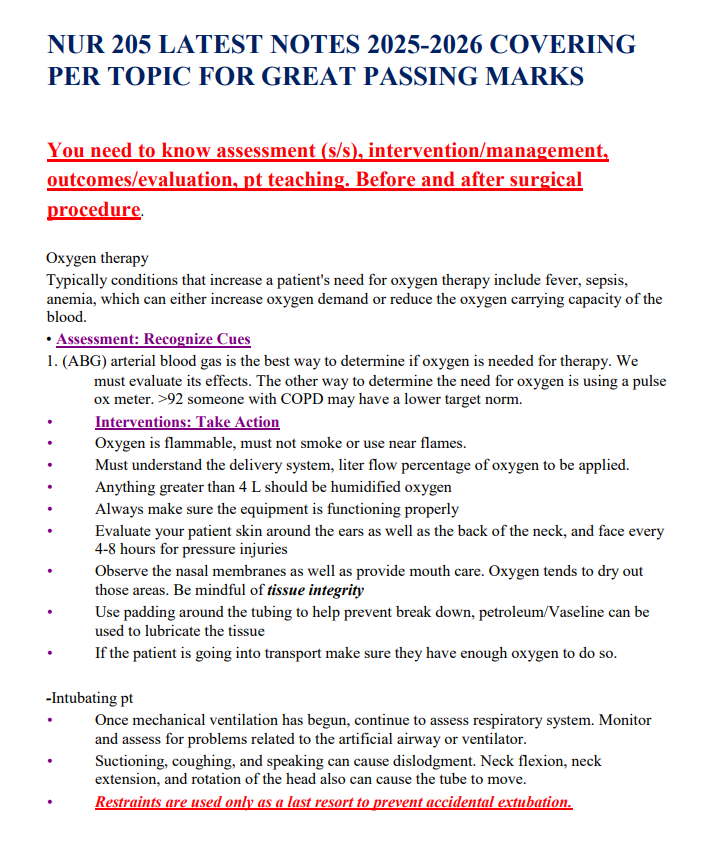 NUR 205 LATEST NOTES 2025-2026 COVERING PER TOPIC FOR GREAT PASSING ...