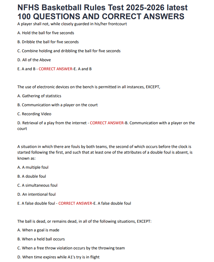 NFHS Basketball Rules Test 2025-2026 latest 100 QUESTIONS AND CORRECT ...