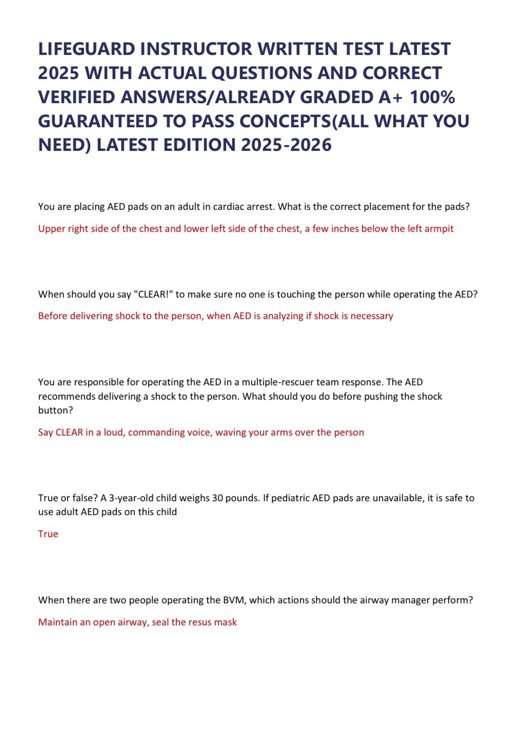 LIFEGUARD INSTRUCTOR WRITTEN TEST LATEST 2025 WITH ACTUAL QUESTIONS AND ...
