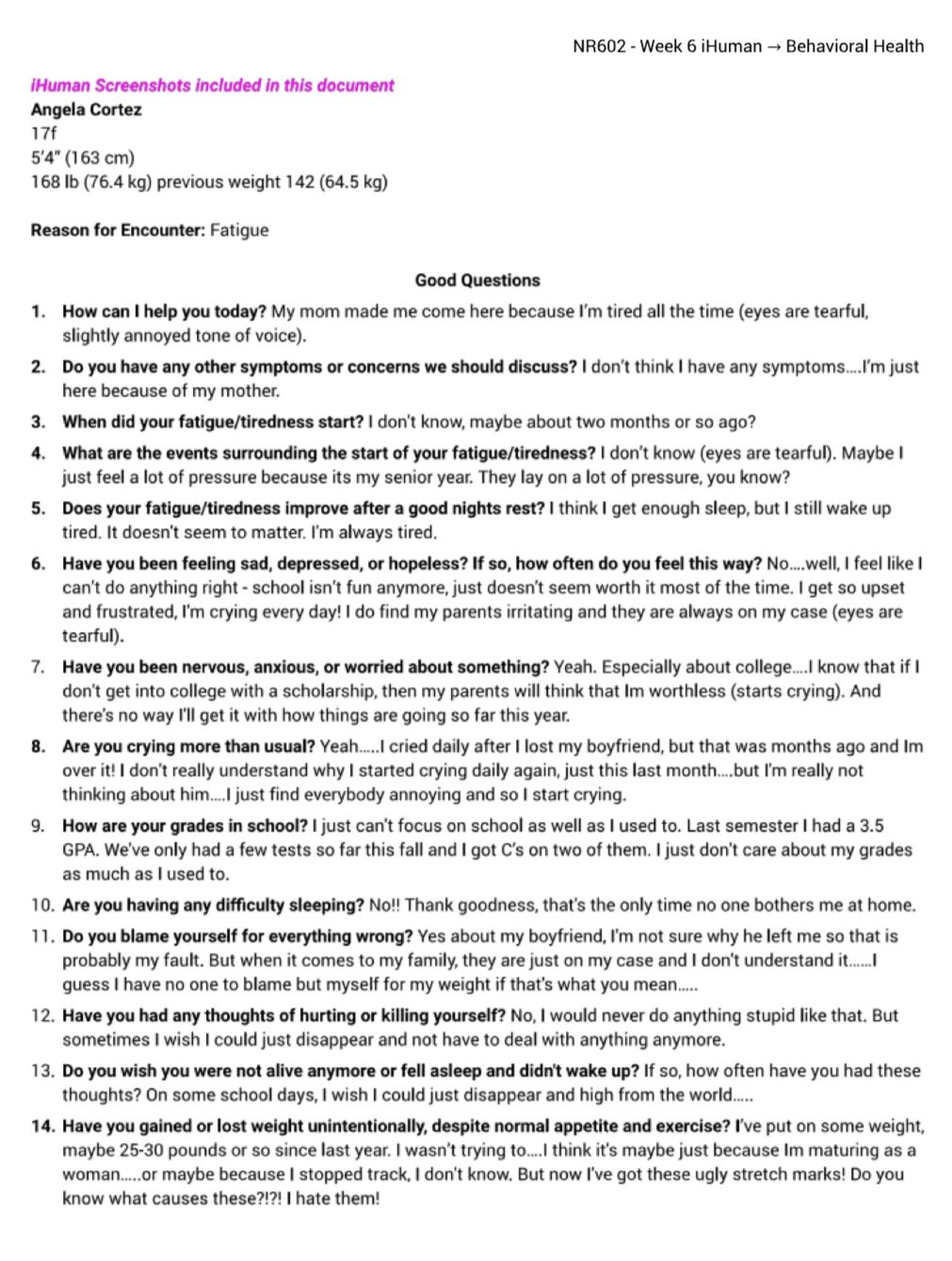 This document contains the complete NR602 Week 6 iHuman case study for ...
