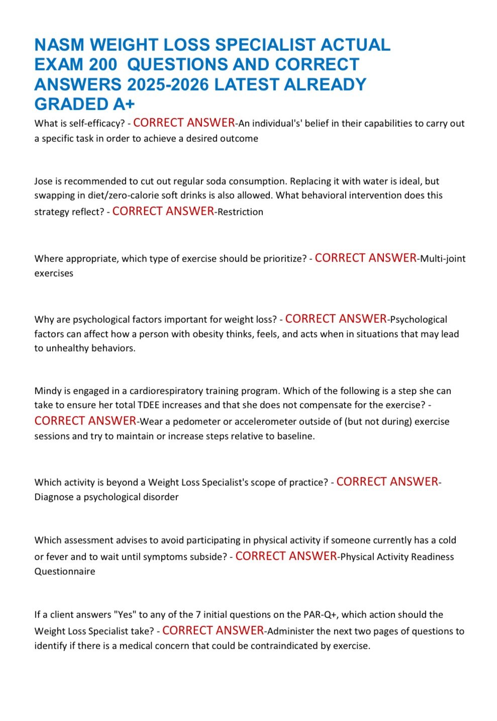 NASM WEIGHT LOSS SPECIALIST Practice 200 QUESTIONS AND CORRECT ANSWERS ...