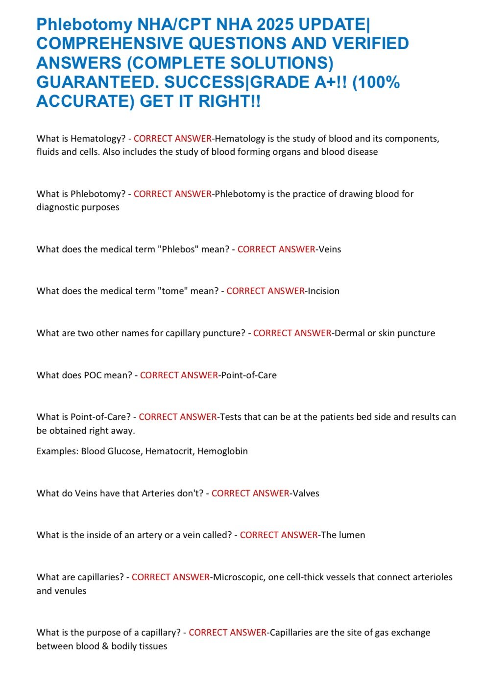 Phlebotomy NHA/CPT NHA 2025 UPDATE| COMPREHENSIVE QUESTIONS AND ...