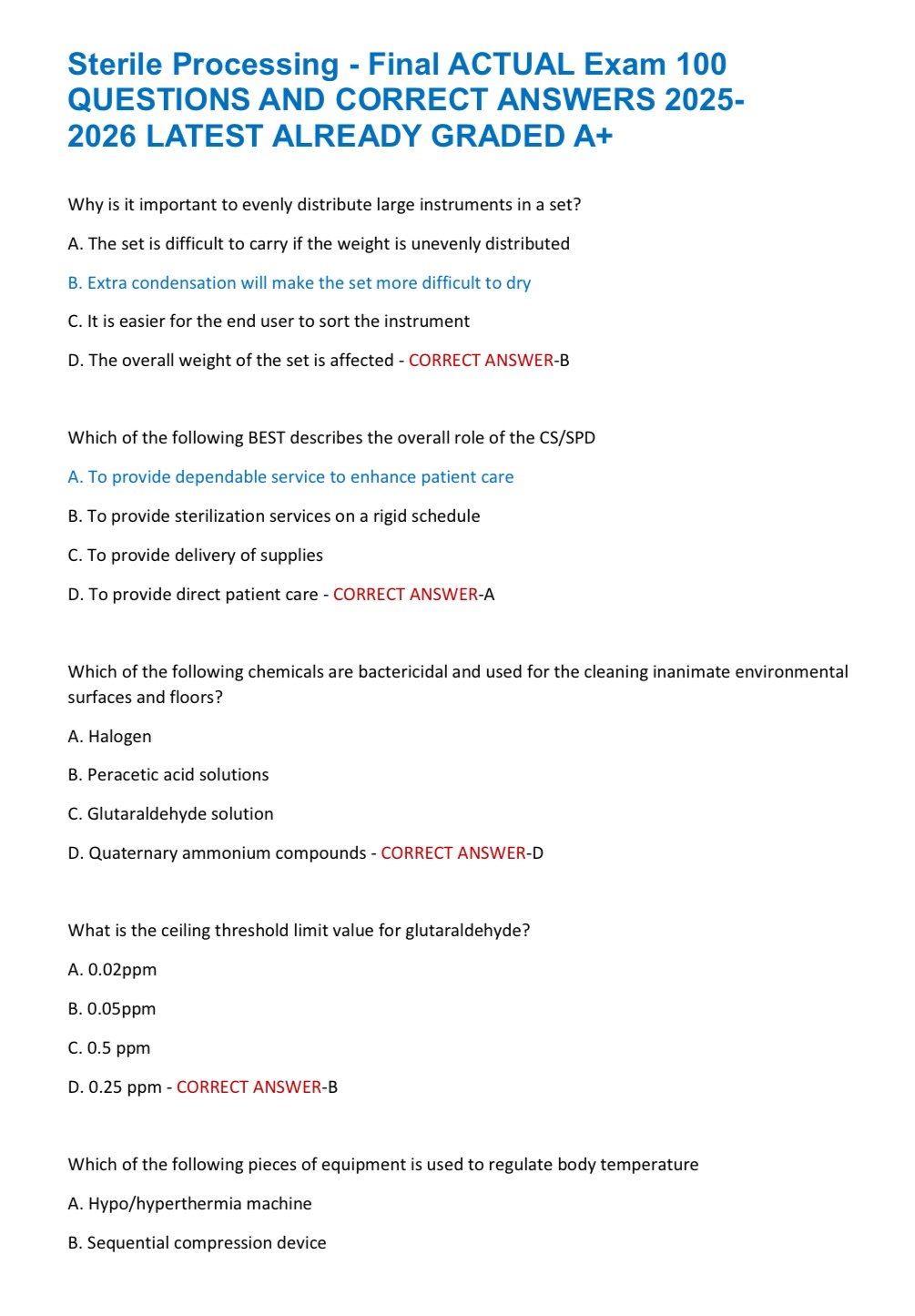 Sterile Processing - Final ACTUAL Exam 100 QUESTIONS AND CORRECT ...