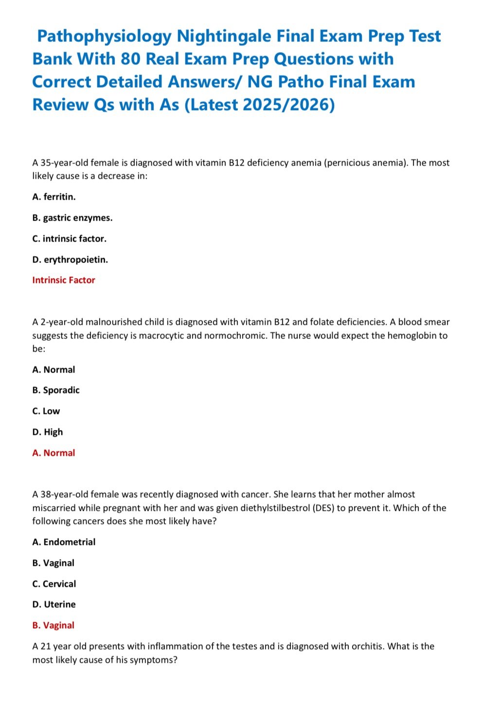 Pathophysiology Nightingale Final Exam Prep Test Bank With 80 Real Exam ...