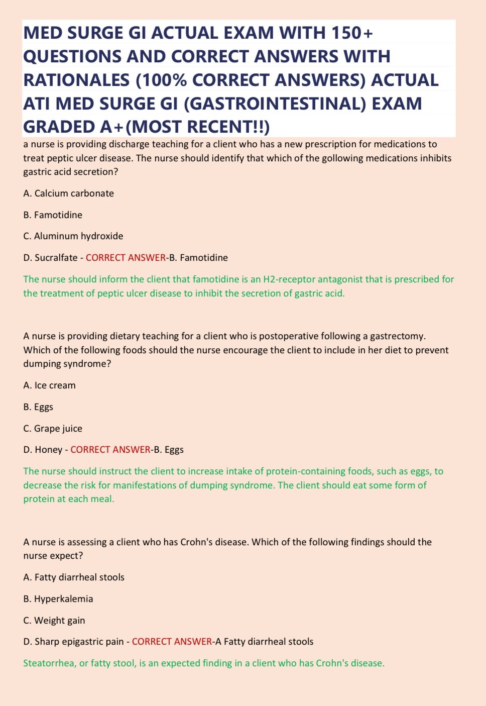 MED SURGE GI ACTUAL EXAM WITH 150+ QUESTIONS AND CORRECT ANSWERS WITH ...