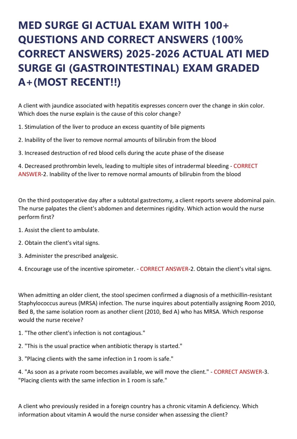 MED SURGE GI ACTUAL EXAM WITH 100+ QUESTIONS AND CORRECT ANSWERS WITH ...