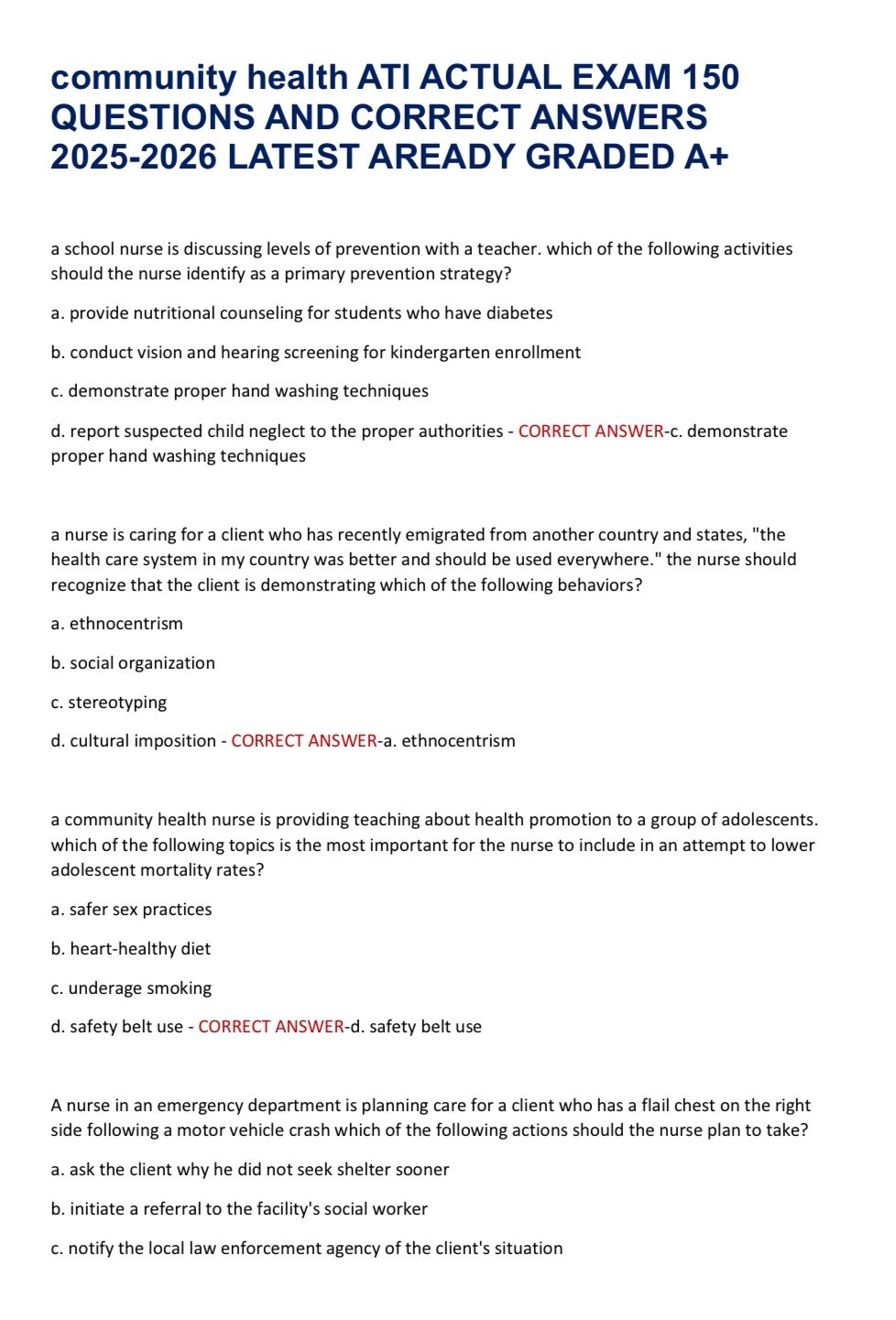 community health ATI 150 QUESTIONS AND CORRECT ANSWERS 2025-2026 LATEST ...