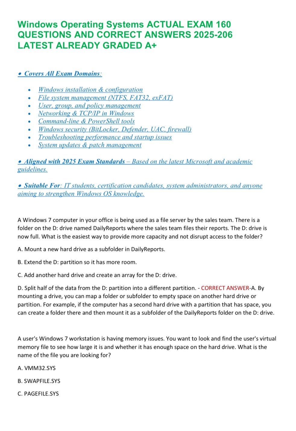 Windows Operating Systems ACTUAL EXAM 160 QUESTIONS AND CORRECT ANSWERS ...