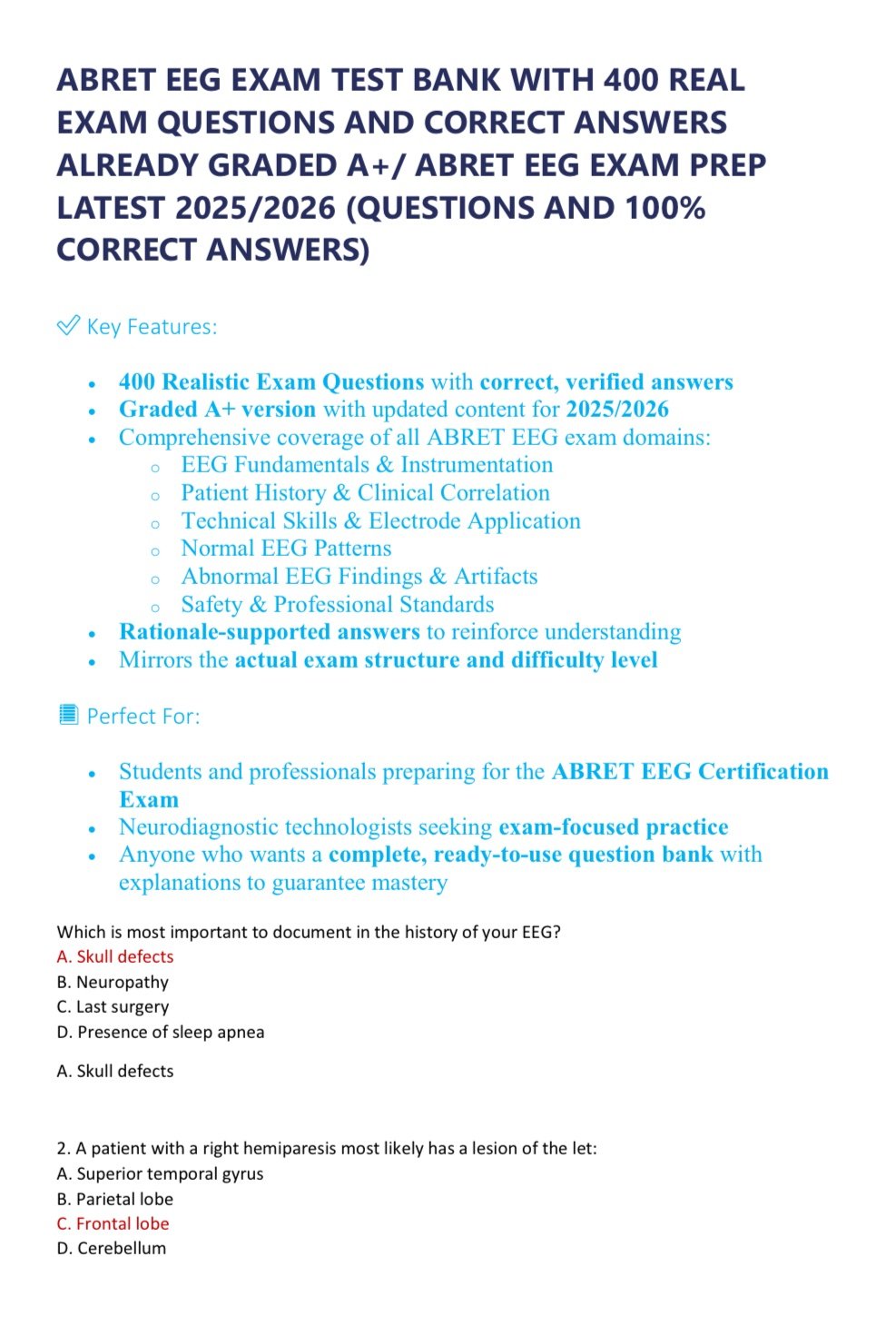 ABRET EEG EXAM TEST BANK WITH 400 REAL EXAM QUESTIONS AND CORRECT ...