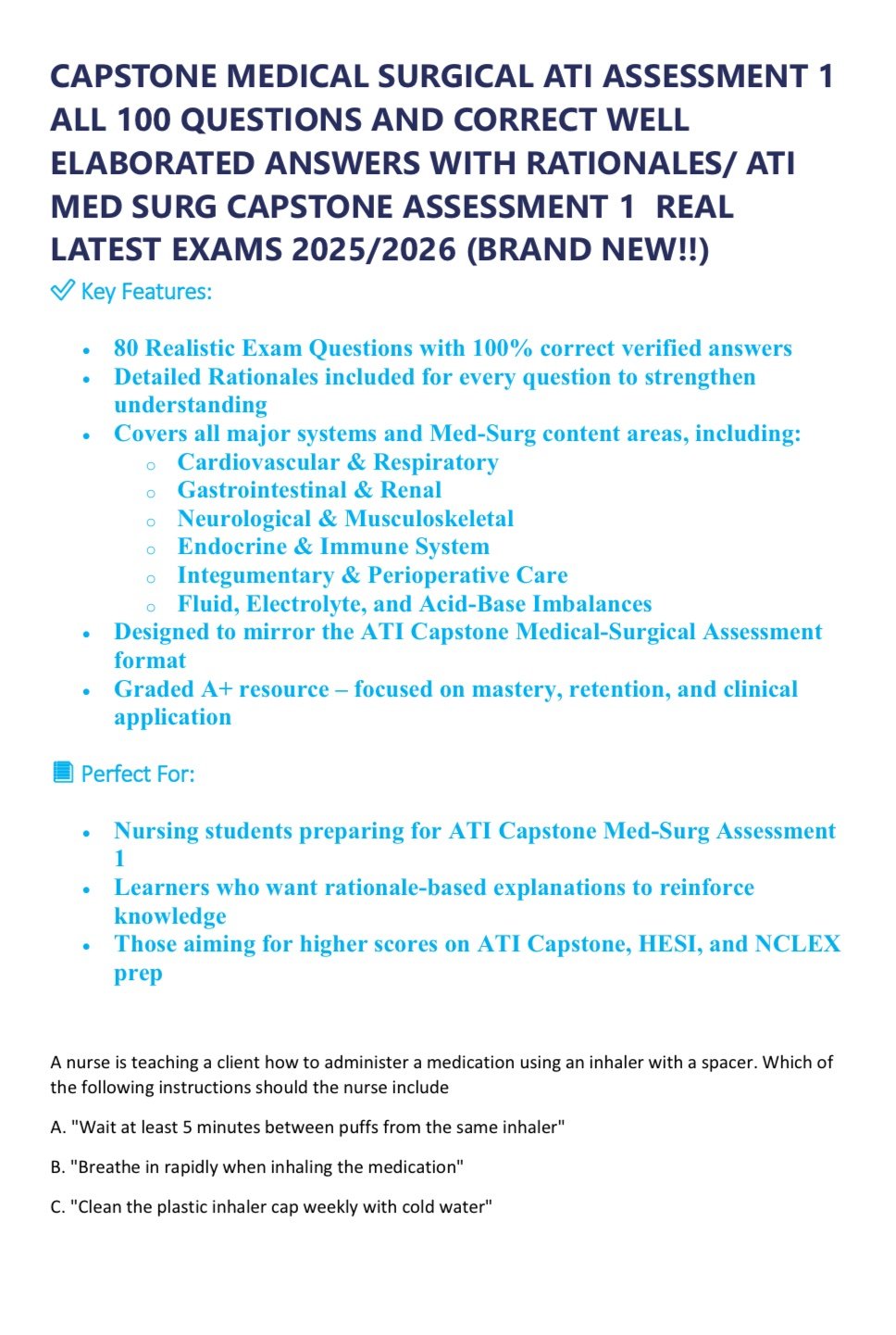 CAPSTONE MEDICAL SURGICAL ATI ASSESSMENT 1 ALL 100 QUESTIONS AND ...