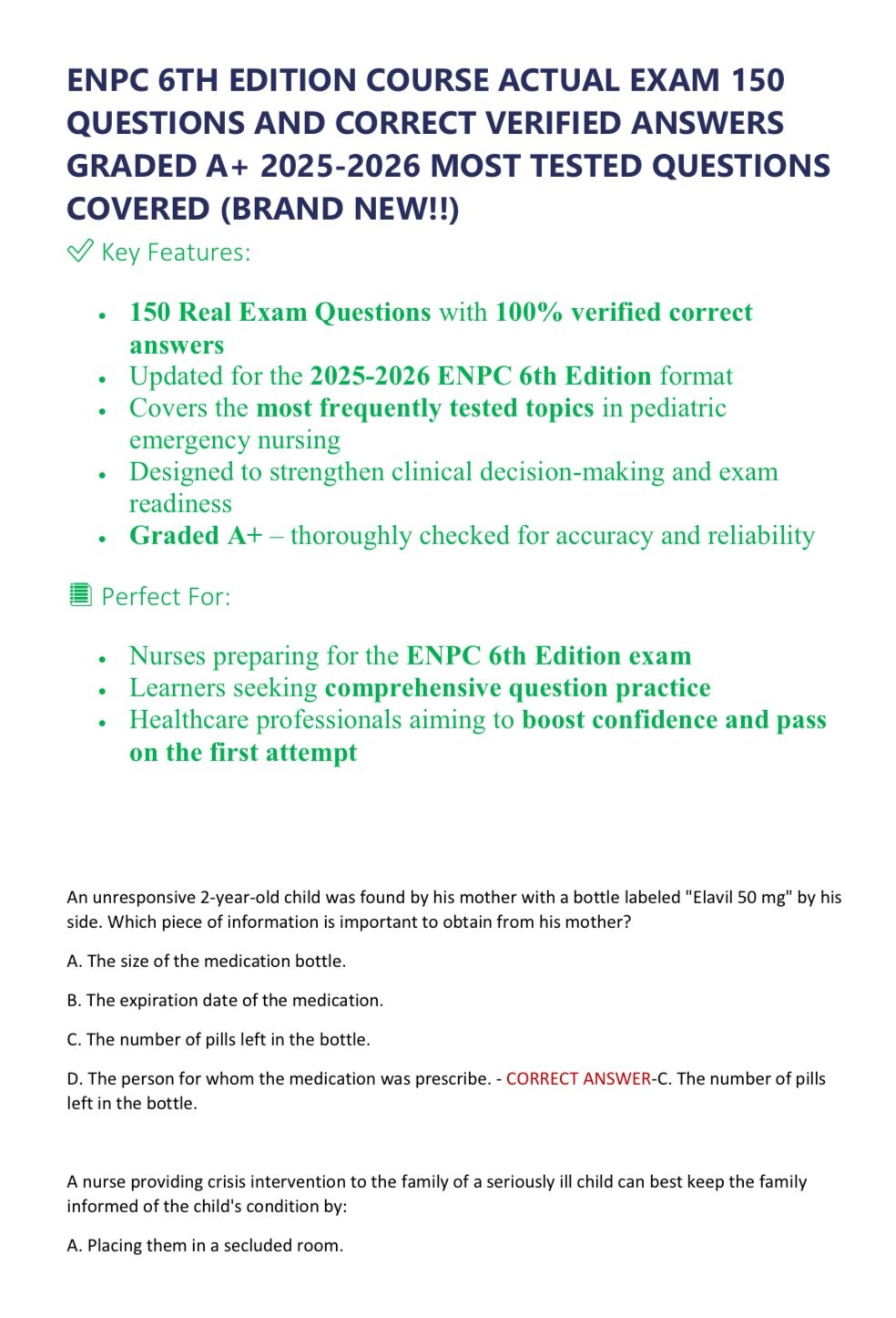 ENPC 6TH EDITION COURSE ACTUAL EXAM 150 QUESTIONS AND CORRECT VERIFIED ...