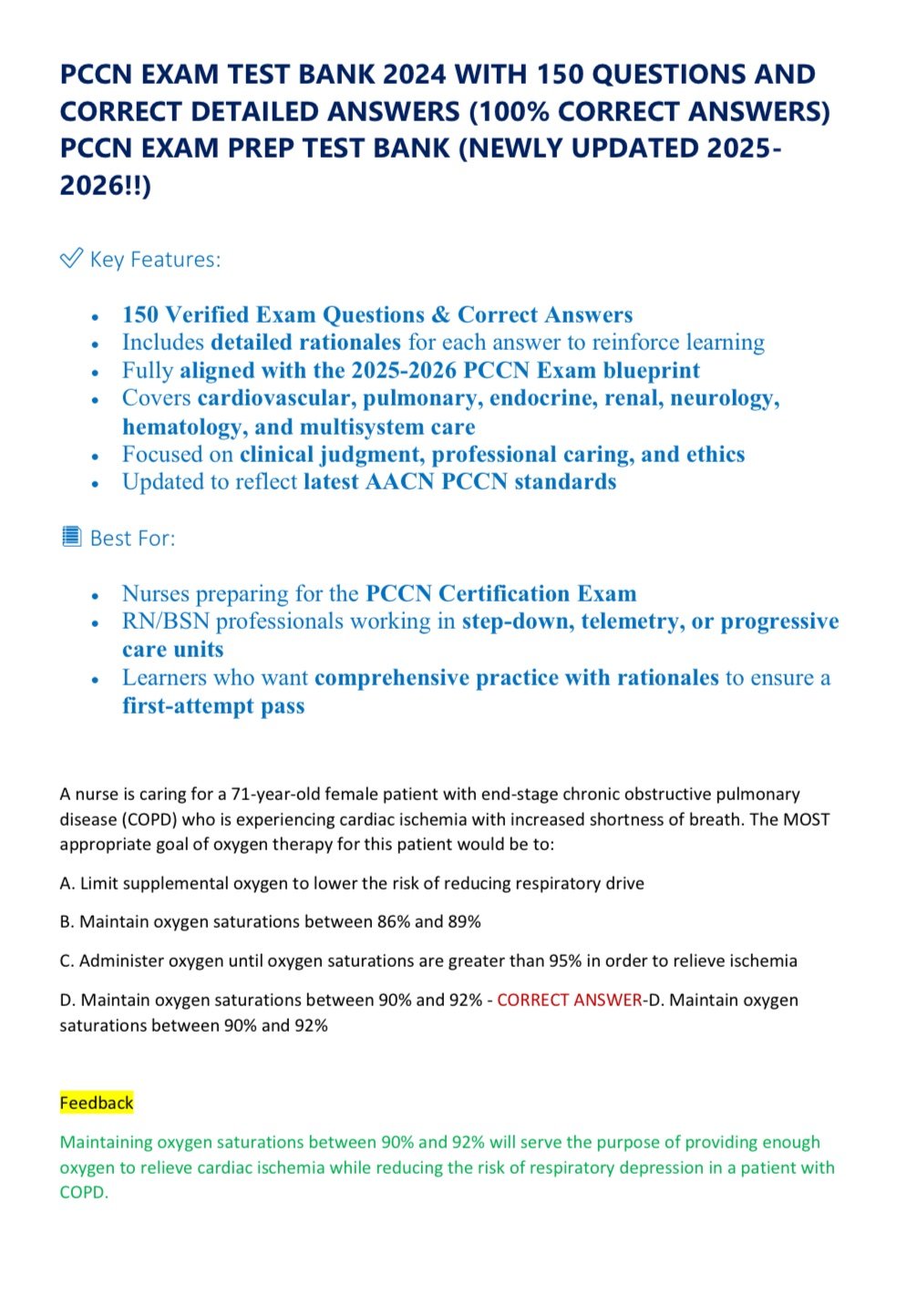 PCCN EXAM TEST BANK 2024 WITH 150 QUESTIONS AND CORRECT DETAILED ...