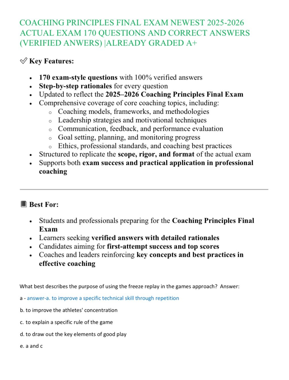 COACHING PRINCIPLES FINAL EXAM NEWEST 2025-2026 ACTUAL EXAM 170 ...
