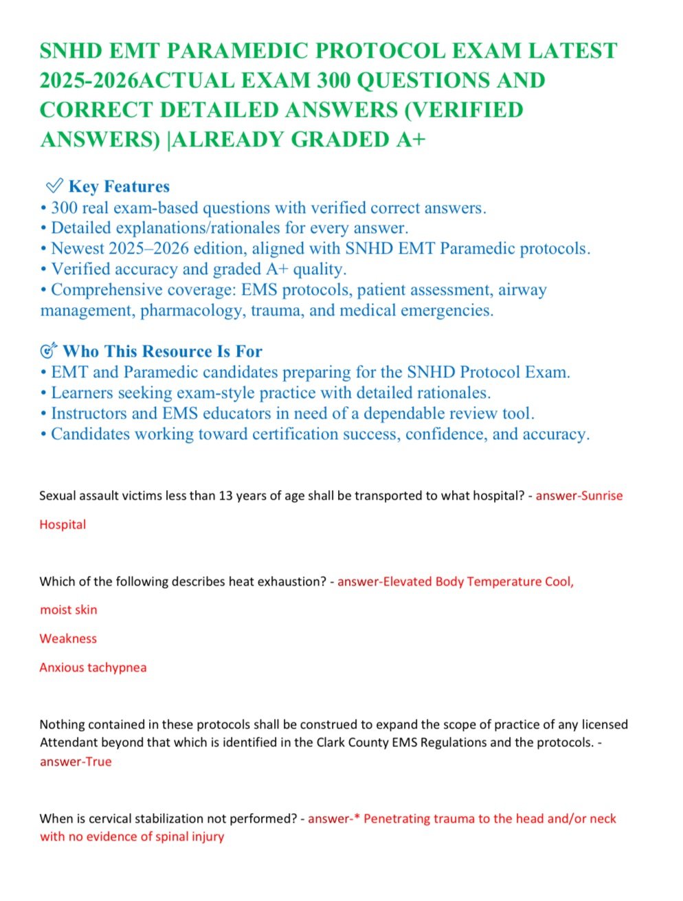 SNHD EMT PARAMEDIC PROTOCOL EXAM LATEST 2025-2026ACTUAL EXAM 300 ...