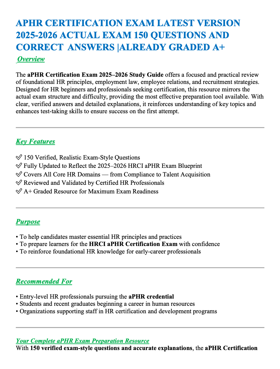 APHR CERTIFICATION EXAM LATEST VERSION 2025-2026 ACTUAL EXAM 150 ...