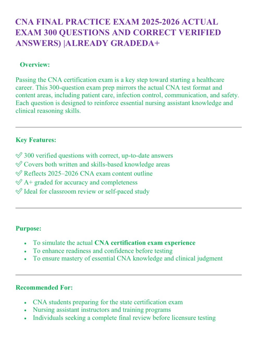 CNA FINAL PRACTICE EXAM 2025-2026 ACTUAL EXAM 300 QUESTIONS AND CORRECT ...