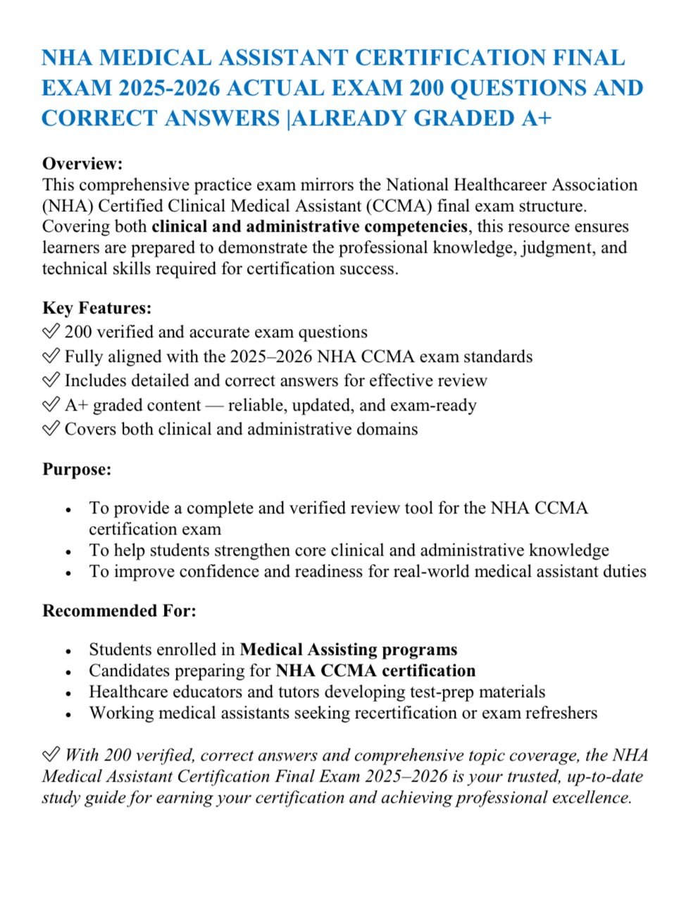NHA MEDICAL ASSISTANT CERTIFICATION FINAL EXAM 2025-2026 ACTUAL EXAM ...
