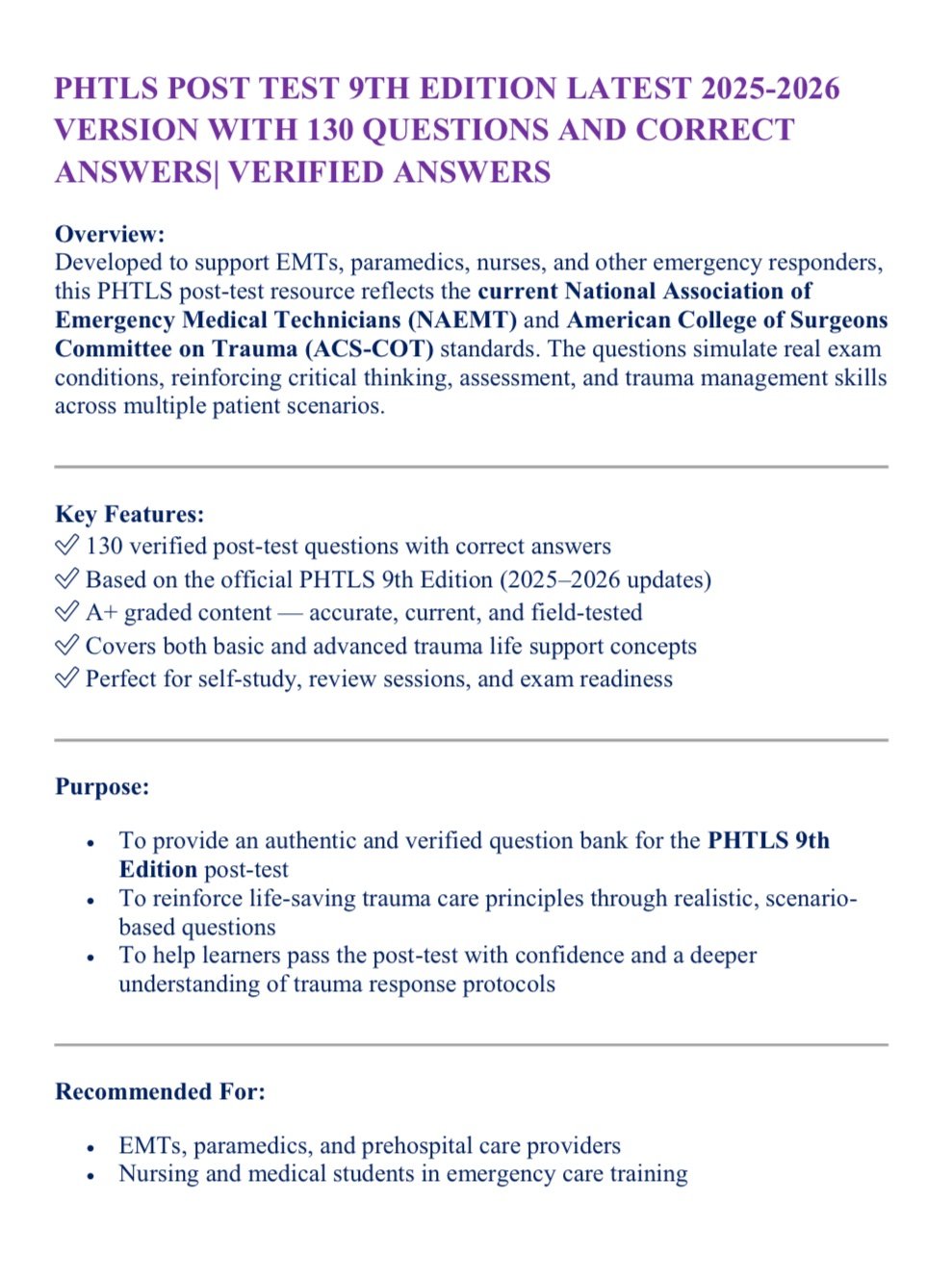 PHTLS POST TEST 9TH EDITION LATEST 2025-2026 VERSION WITH 130 QUESTIONS ...